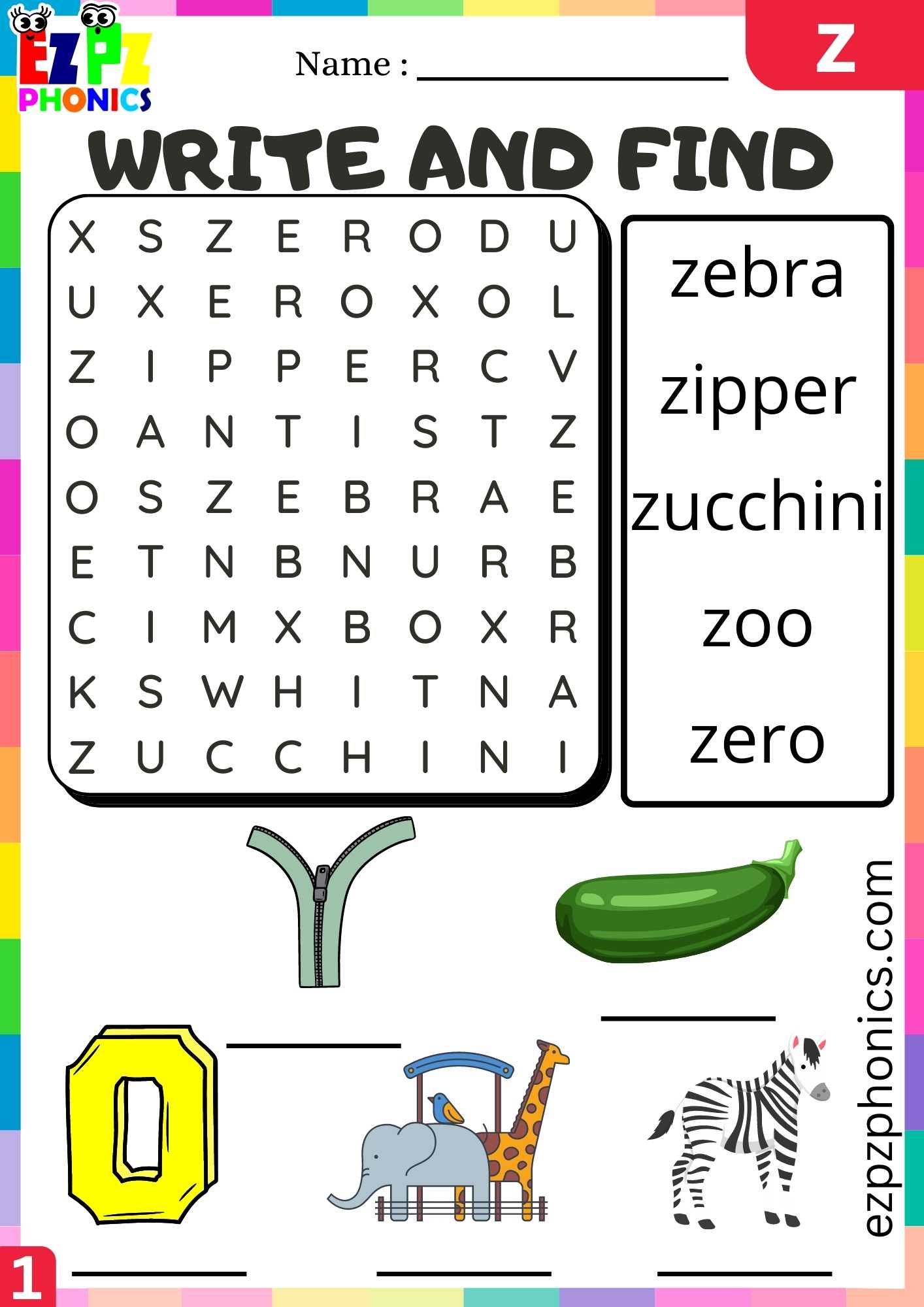 Letter Z Write And Find Beginning Sounds Worksheet - ezpzphonics.com